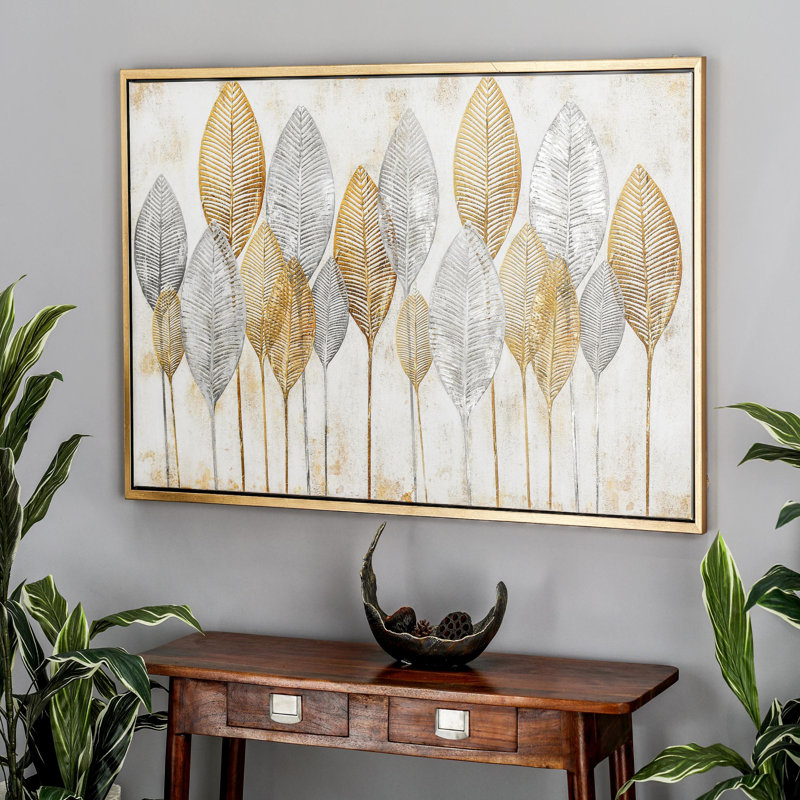CosmoLiving by Cosmopolitan Canvas Leaf Living Room Framed Wall Art with Silver Accents and Gold ...